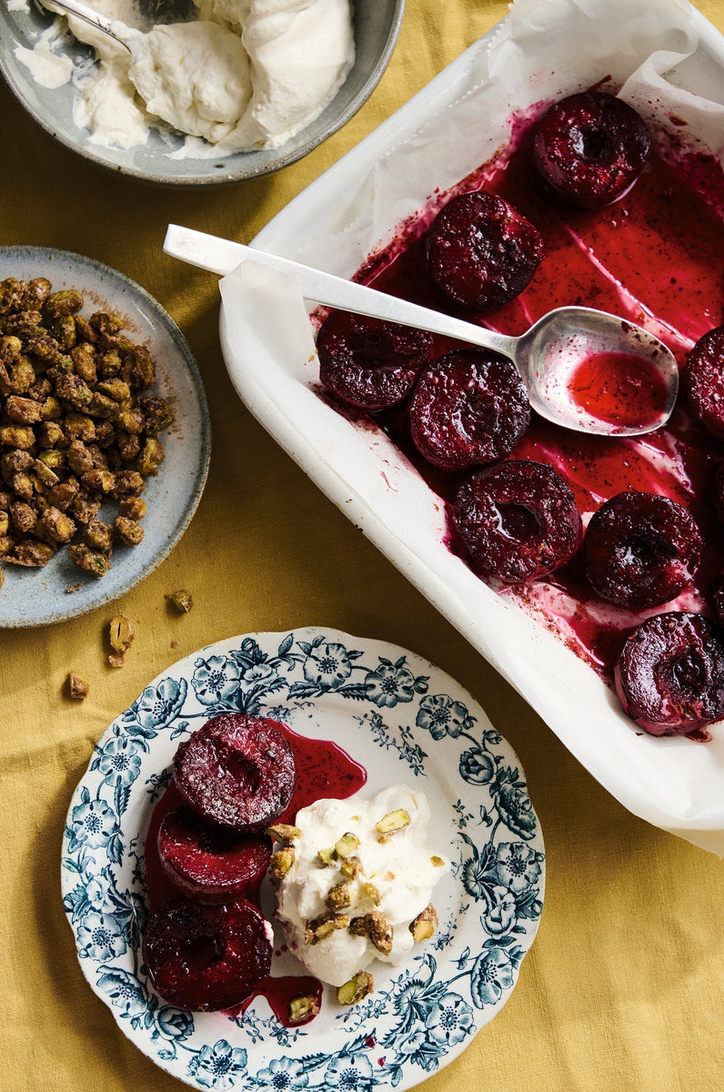 Sami's Sumac Roasted Plums with Cardamom Cream & Pistachio – Diaspora Co.